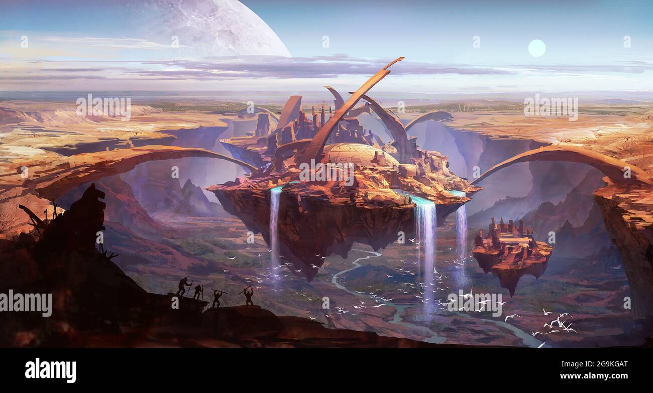 digital illustration of fantasy futuristic science fiction floating ...