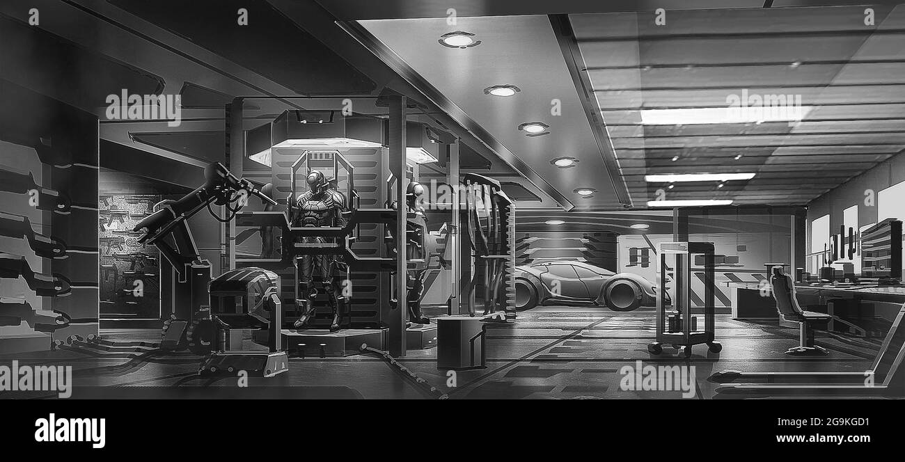 digital illustration of underground base of hero working station office ...