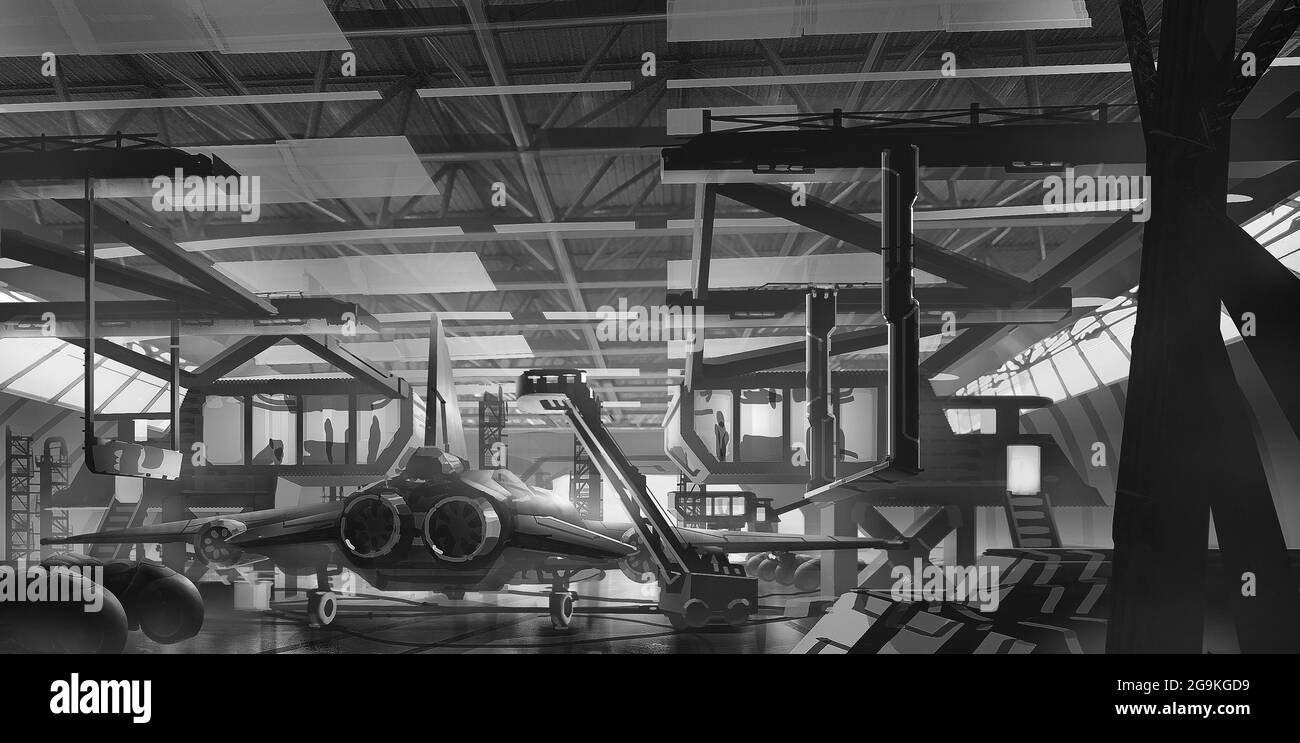 digital illustration of aircraft airplane repair building station in ...