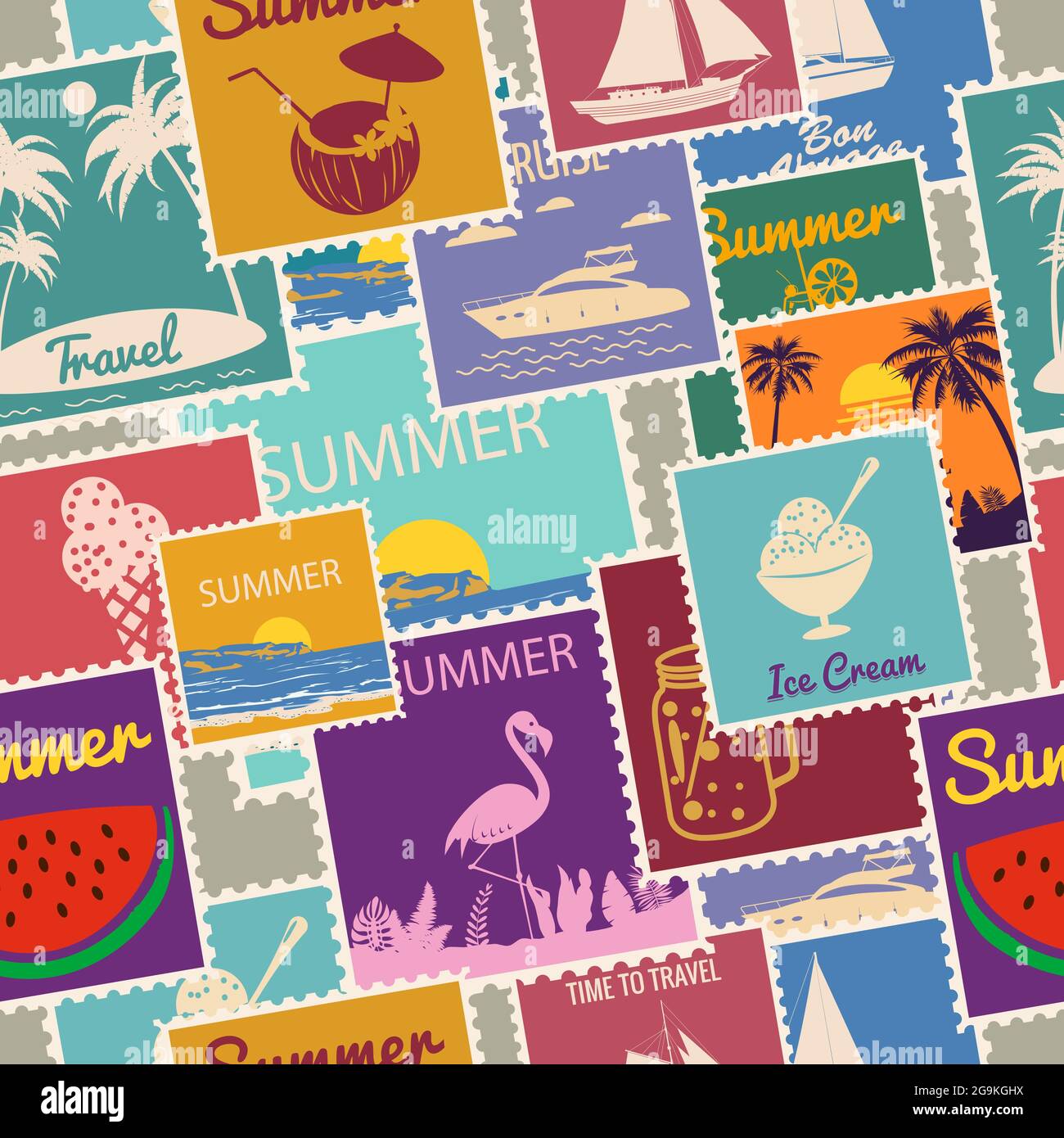 Postage stamps seamless pattern Summer vacation. Retro background signs ...
