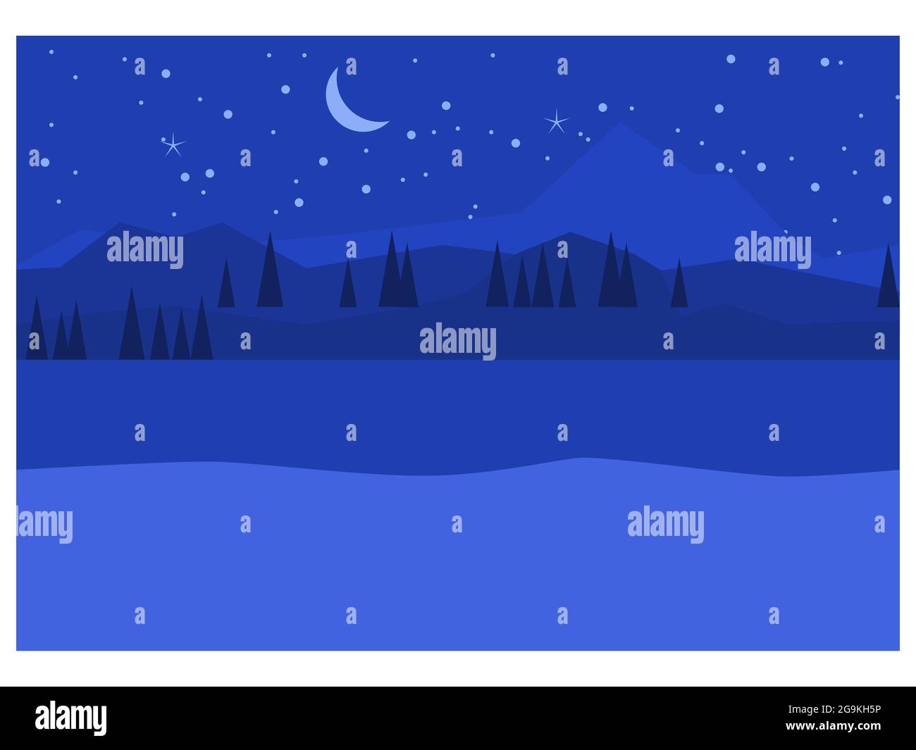 Winter night landscape mountaine, snow field, trees, horizon ...