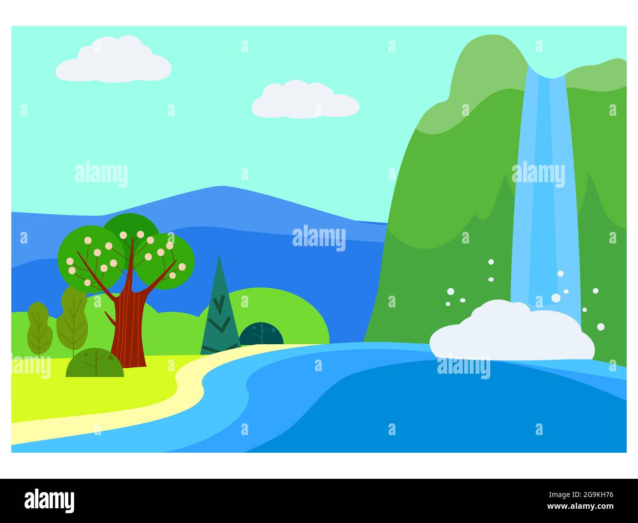 Summer spring landscape, waterfall rural, field, mountain, trees ...