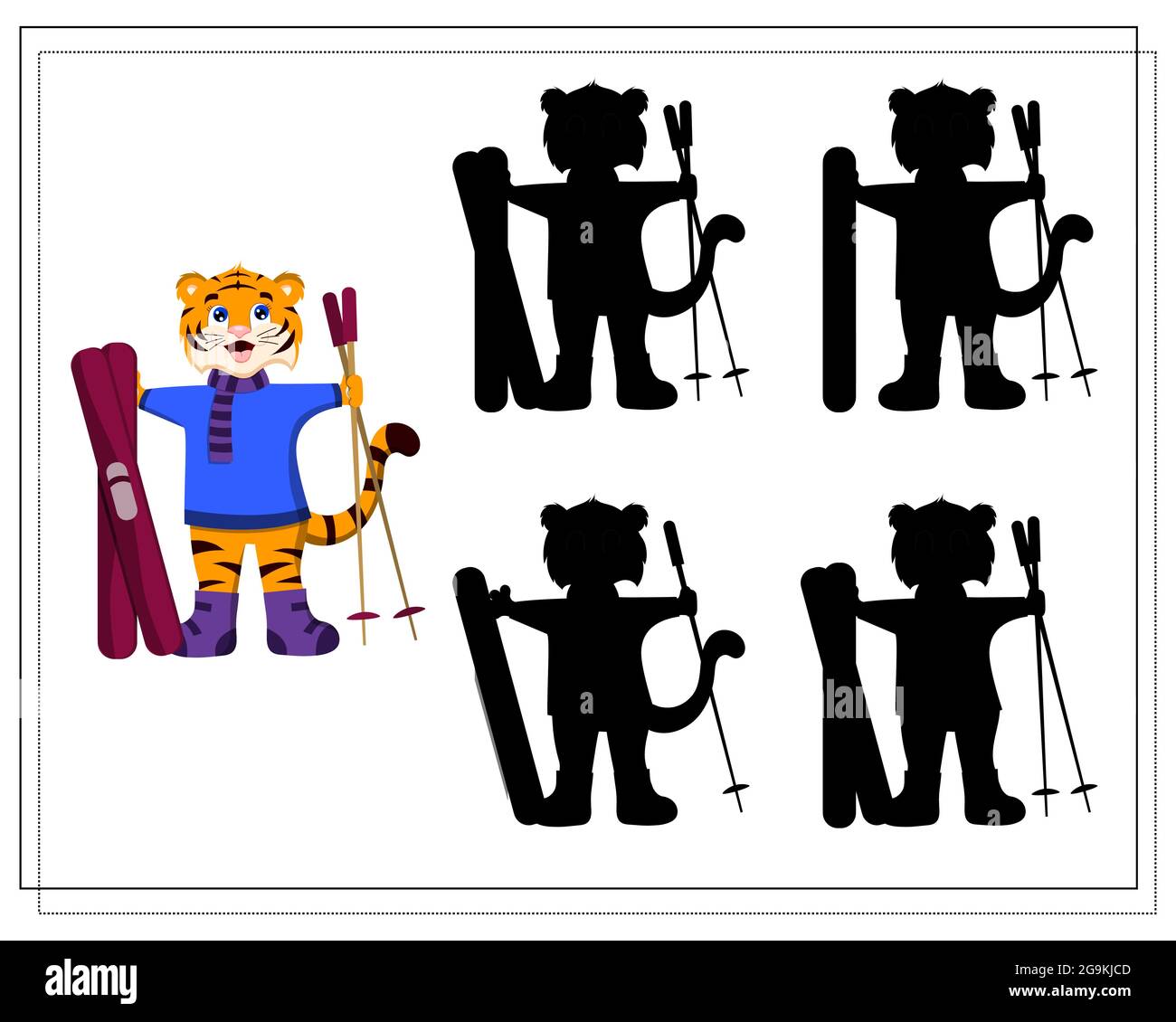 a game for children find the right shadow, a cartoon tiger on skis, a ...