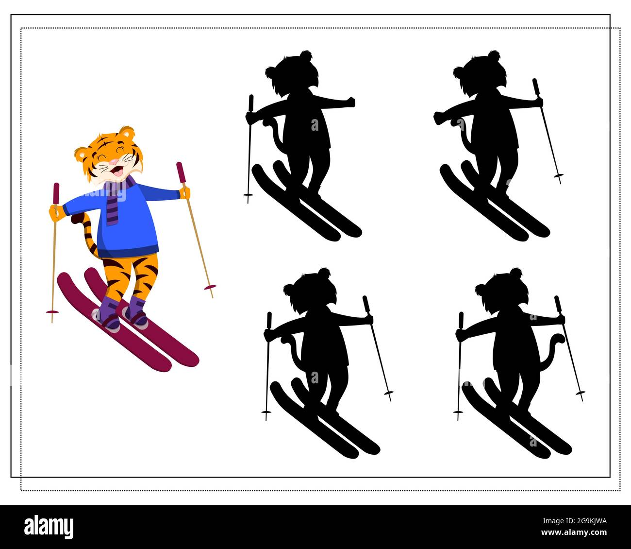 a game for children find the right shadow, a cartoon tiger is skiing, a ...