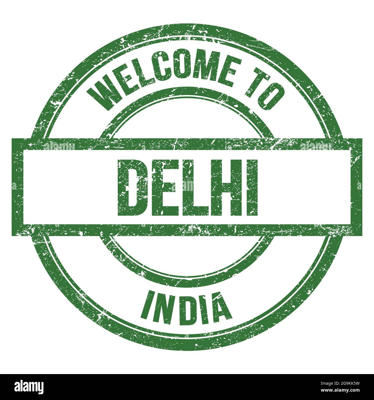 WELCOME TO DELHI - INDIA, words written on green round simple stamp ...