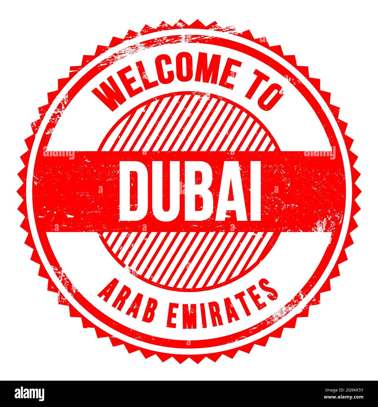 WELCOME TO DUBAI - ARAB EMIRATES, words written on red zig zag stamp ...