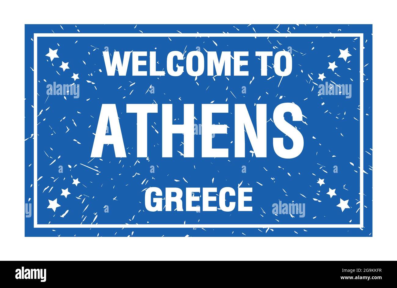 WELCOME TO ATHENS - GREECE, words written on greek blue rectangle flag ...