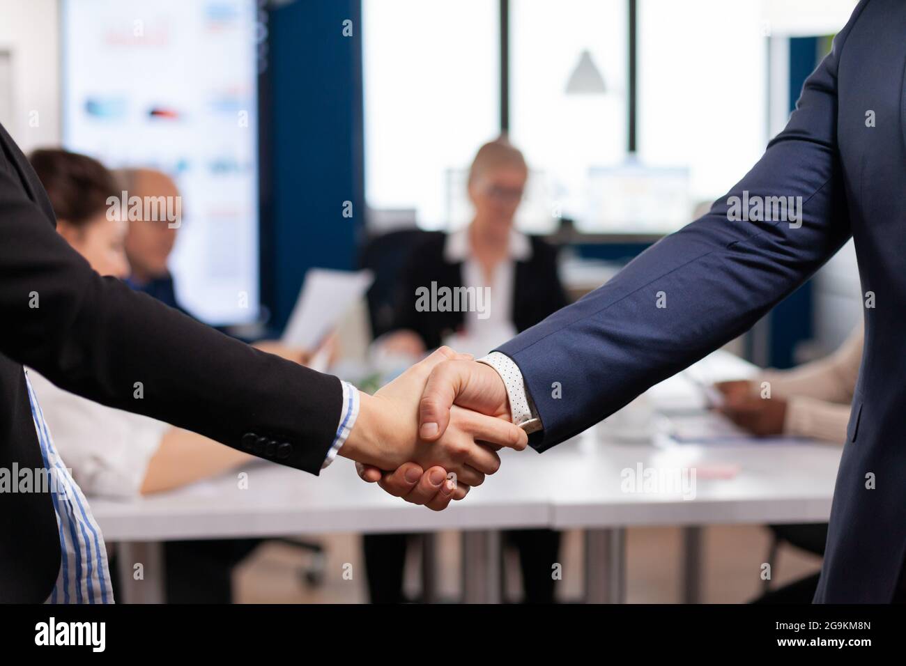 Satisfied businessman company employer wearing suit handshake new ...