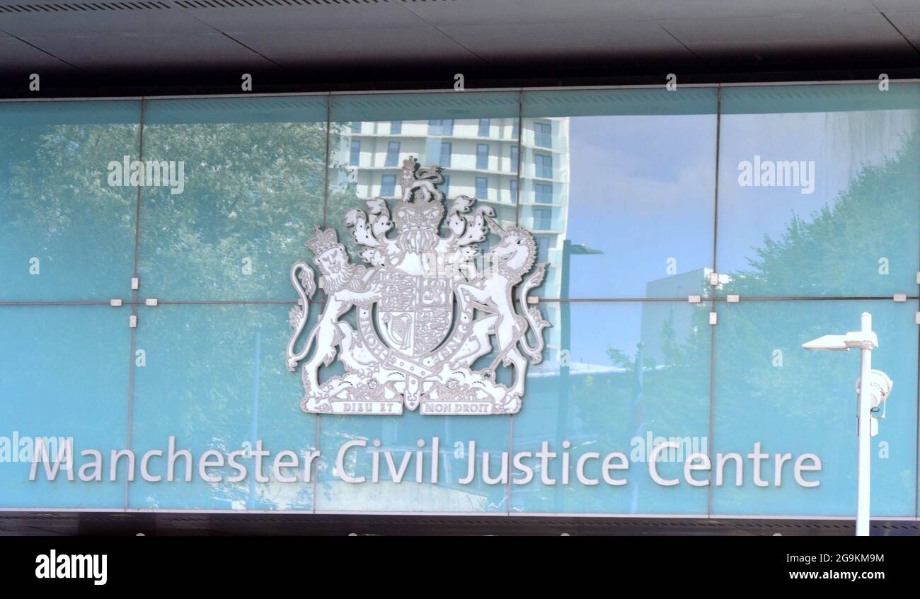 Frontage and sign on Manchester Civil Justice Centre in Manchester ...