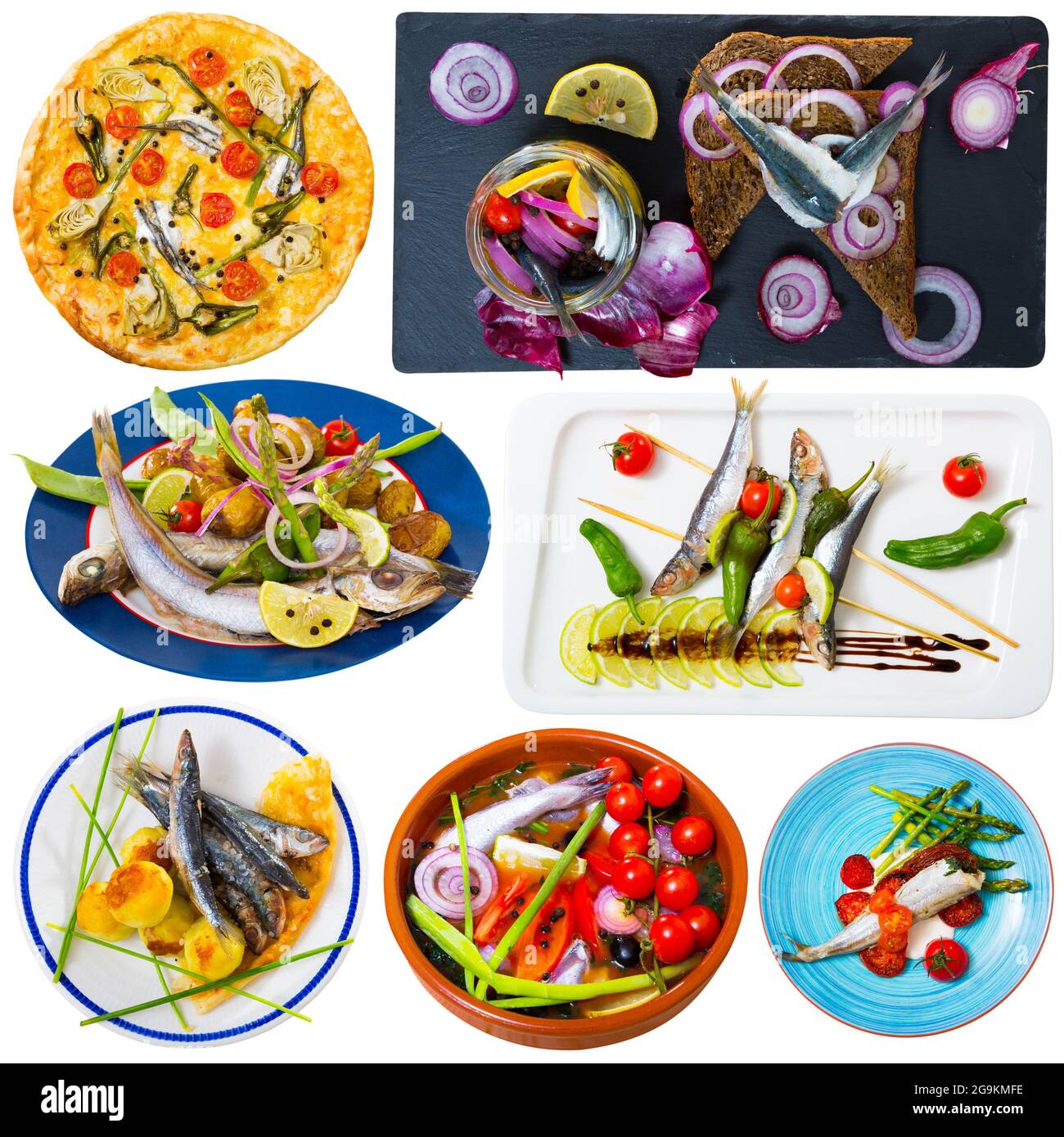 Collage of dishes with small fish Stock Photo - Alamy