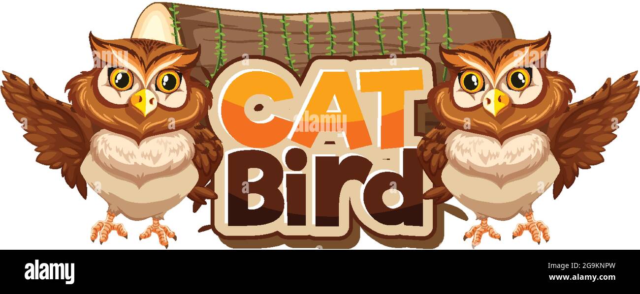 Cat Bird font banner with two owls cartoon character isolated ...