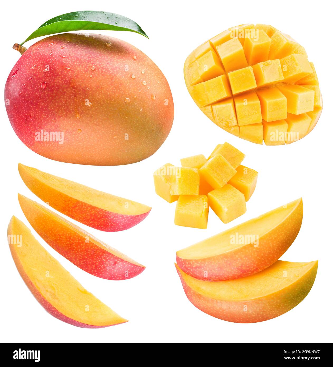 Mango fruit with mango cubes and leaves isolated on a white background ...