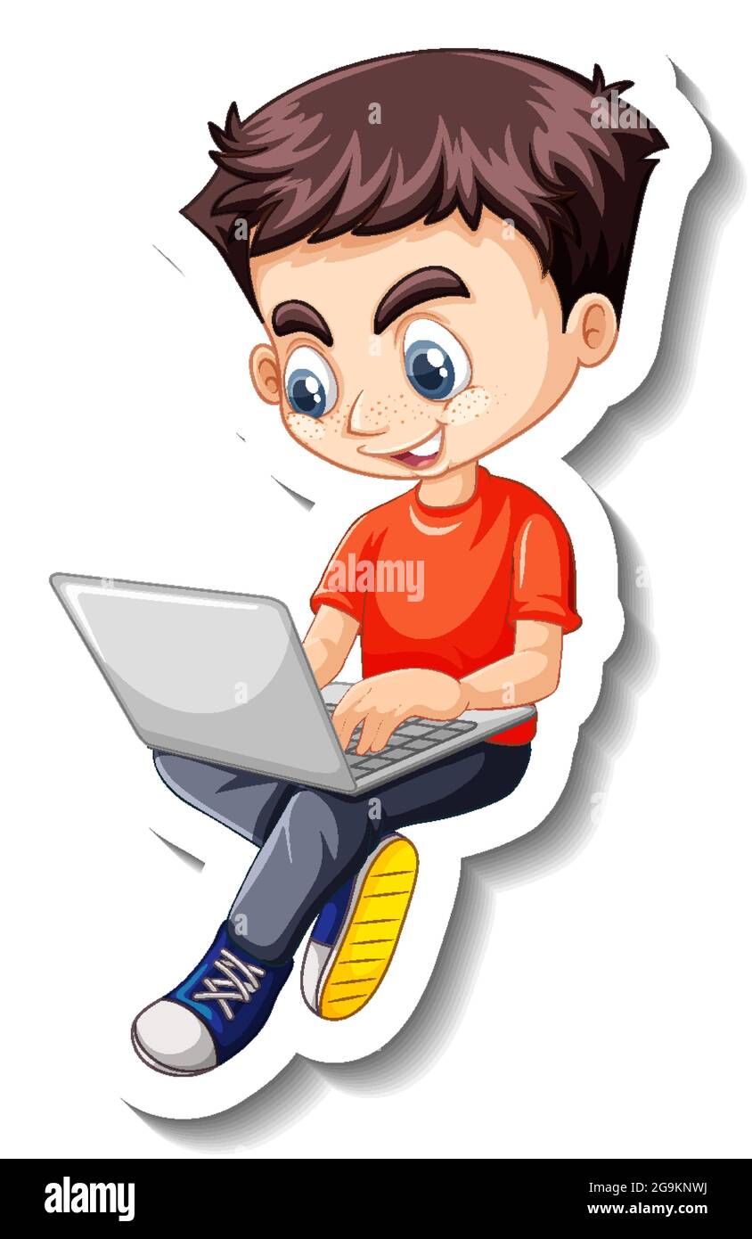 A boy using a laptop cartoon character sticker illustration Stock ...