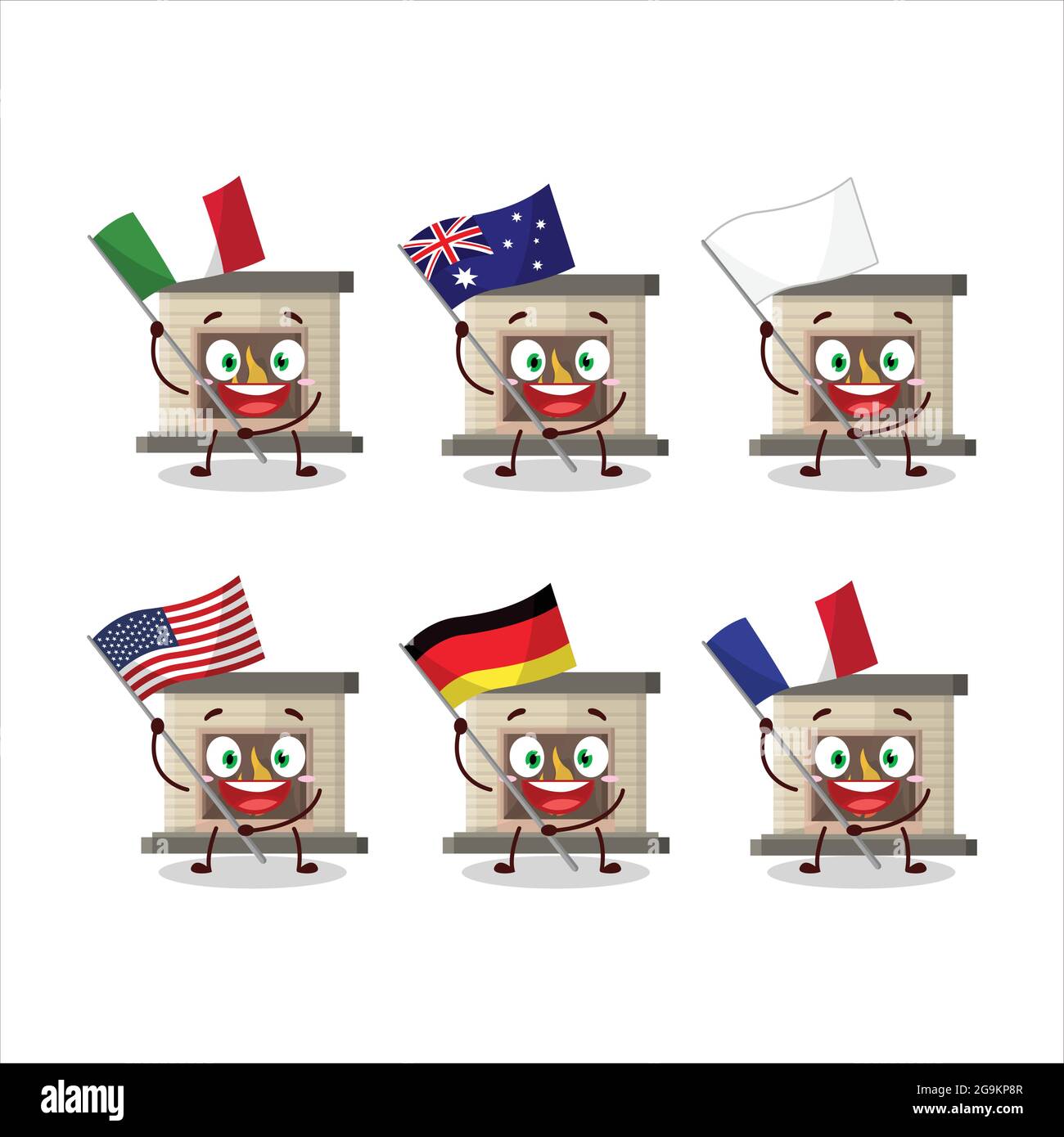 House fireplaces with fire cartoon character bring the flags of various ...
