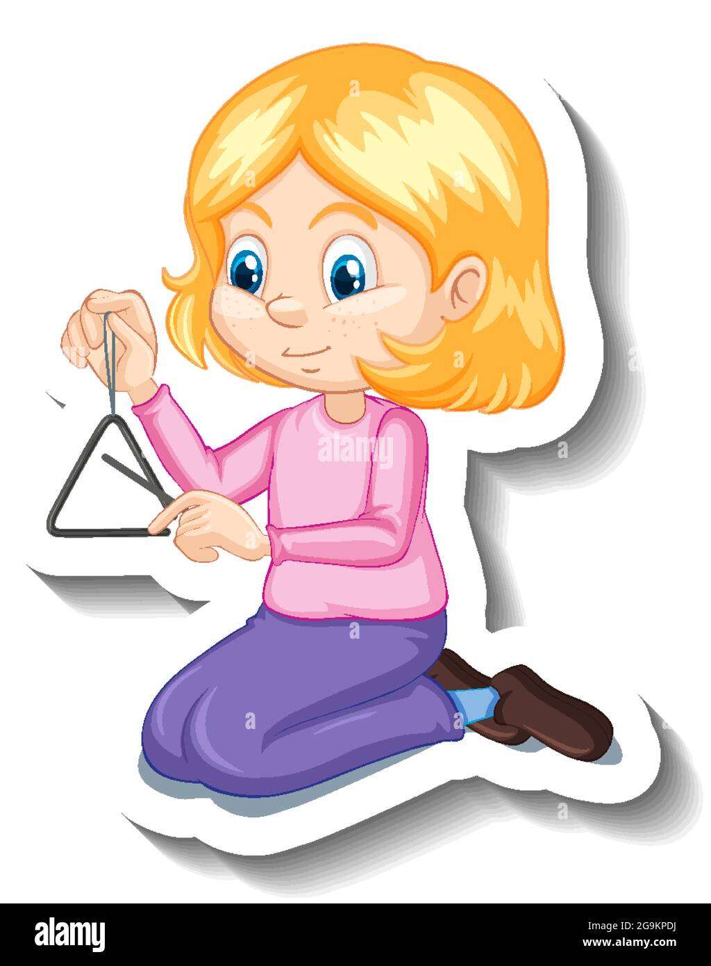 Cartoon character sticker girl playing triangle musical instrument ...