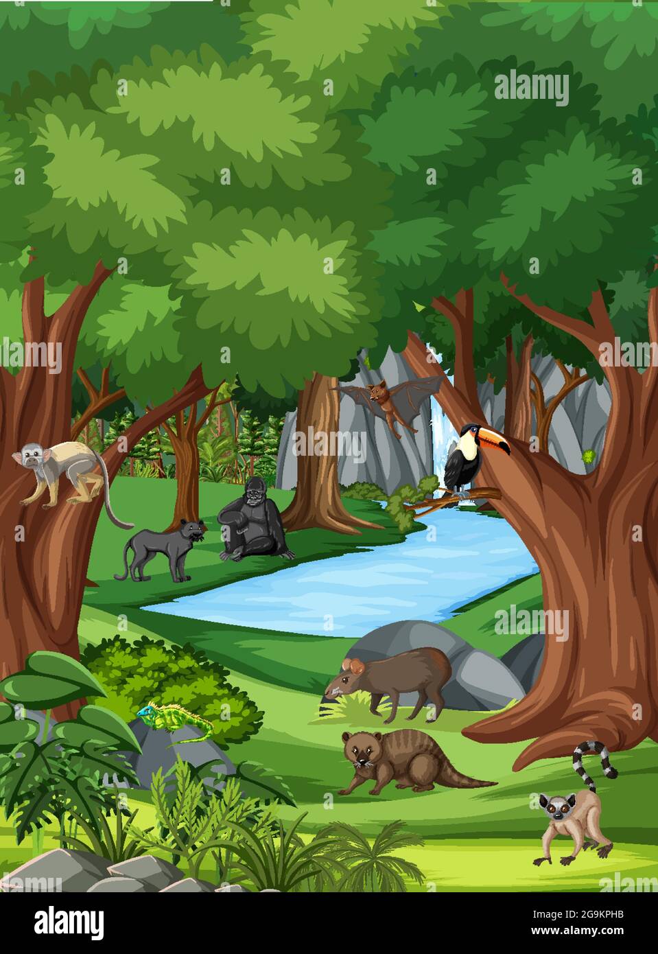 Nature scene with stream flowing through the forest with wild animals ...