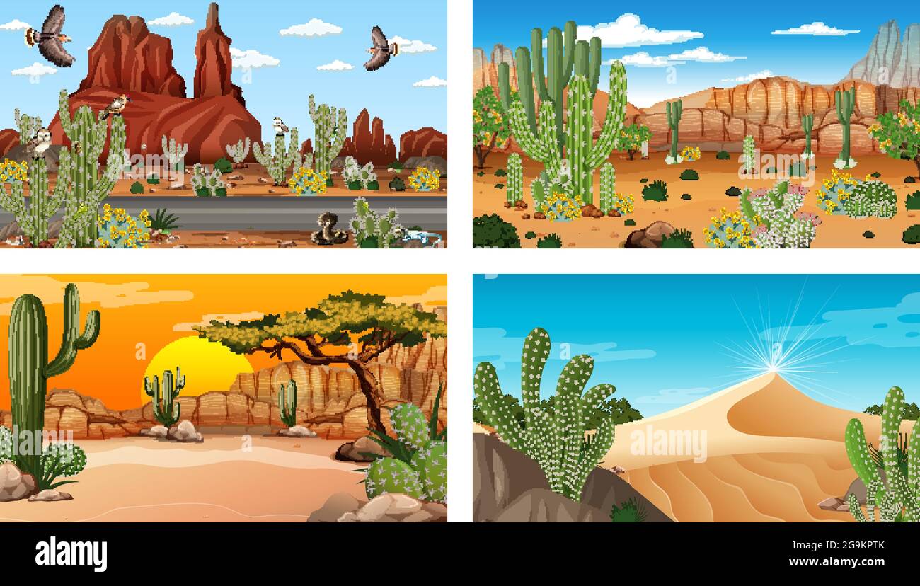 Different scenes with desert forest landscape with animals and plants ...