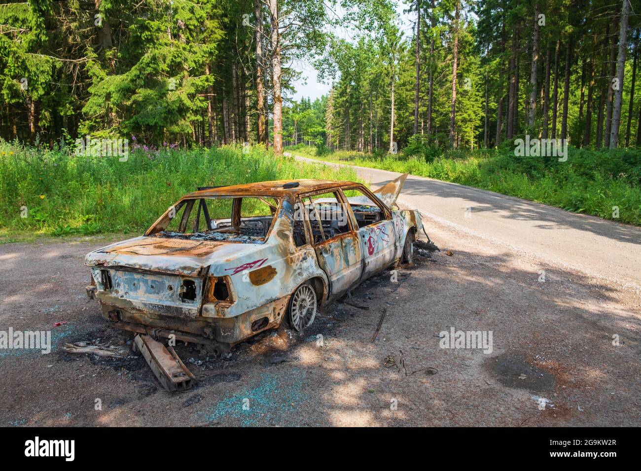 Burned car at a forest road Stock Photo - Alamy