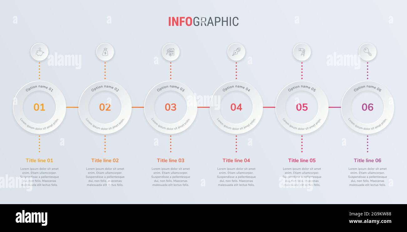 Abstract business rounded infographic template with 6 options. Red ...