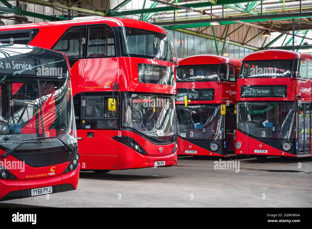 London, UK - May 12, 2021 - Buses at Ash Grove garage in Hackney, East ...