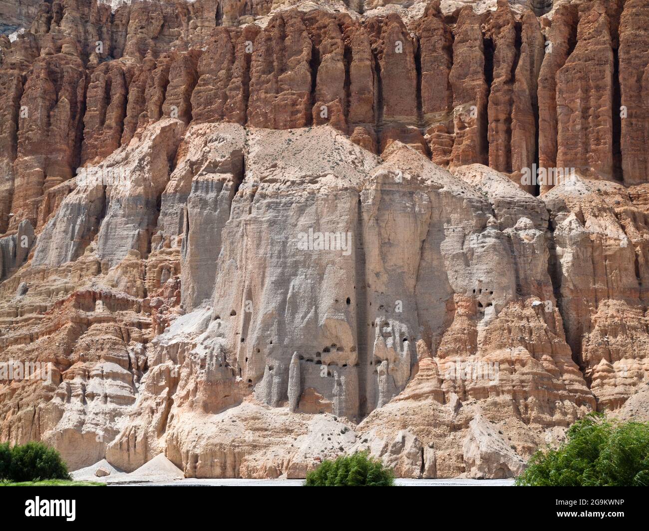 Closeup of Buddhist cliff ("sky") caves above Kali Gandaki, Chhusang ...