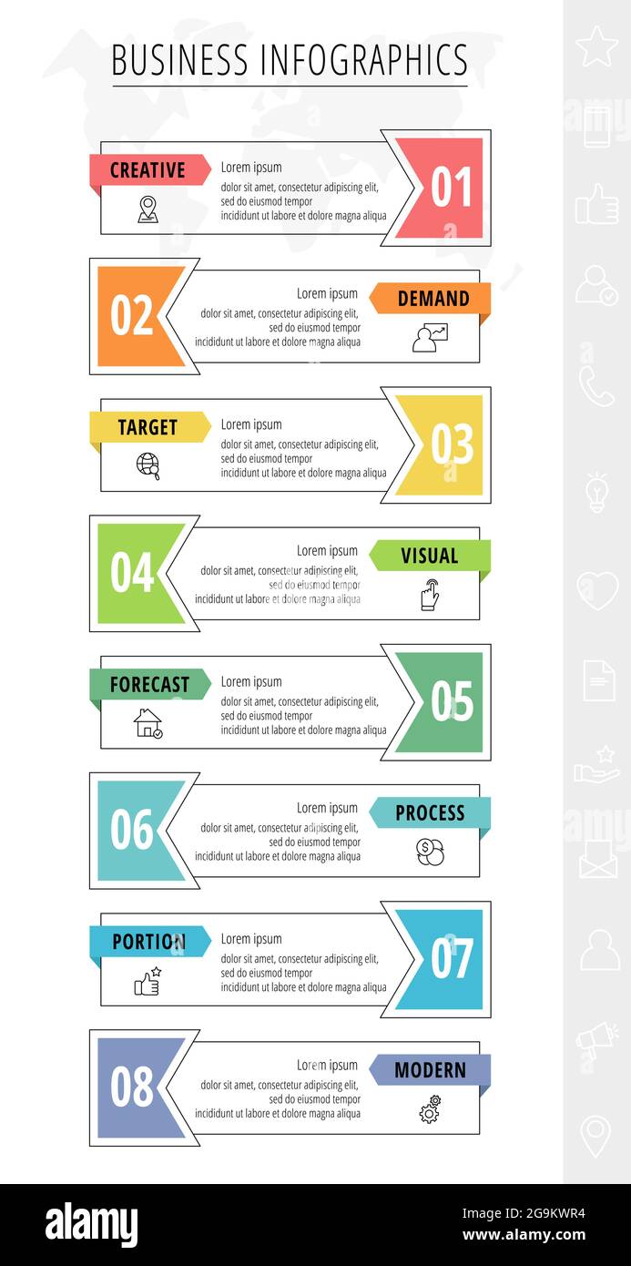 Vector 8 step line infographic with icons and labels. Modern timeline ...
