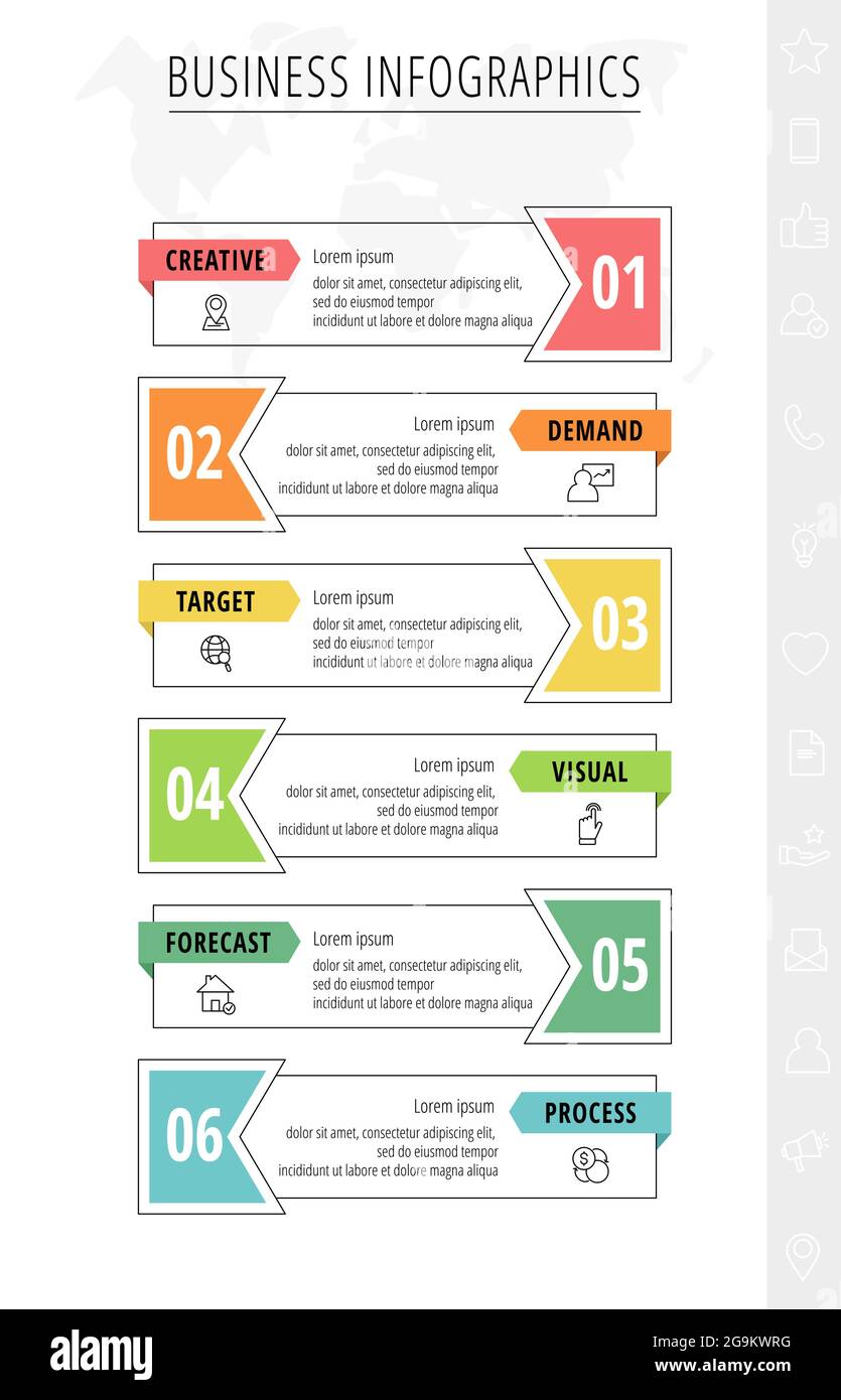 Vector six step line infographic with icons and labels. Modern timeline ...