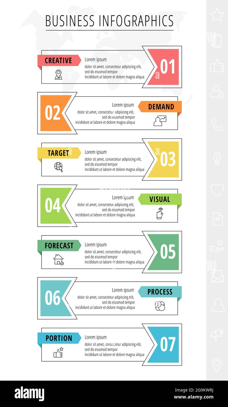 Vector 7 step line infographic with icons and labels. Modern timeline ...