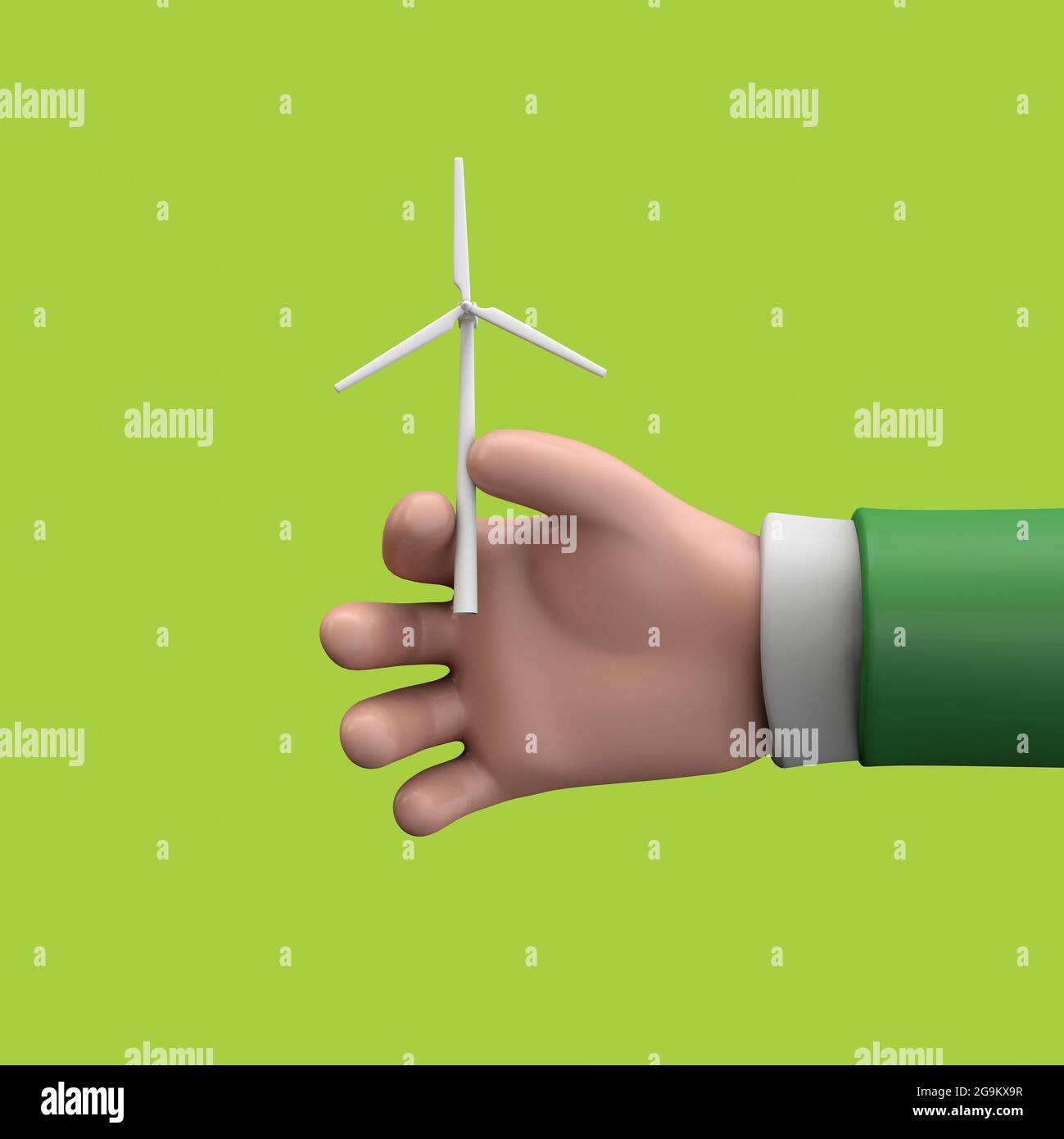 Hand holding a sustainable green energy wind turbine. 3D Render Stock ...