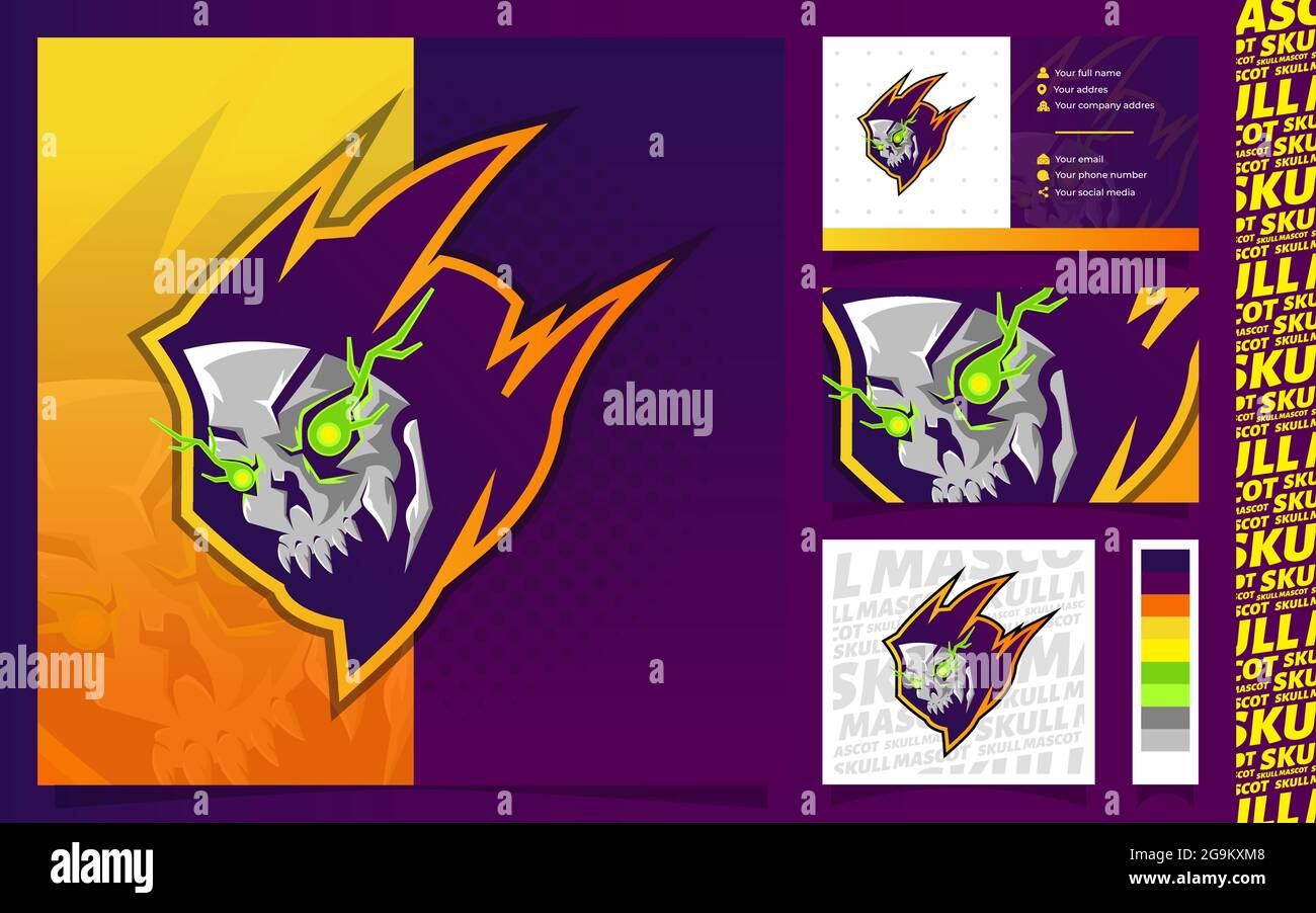 Skull Head Mascot, emblem logo template with business card, sticker and ...