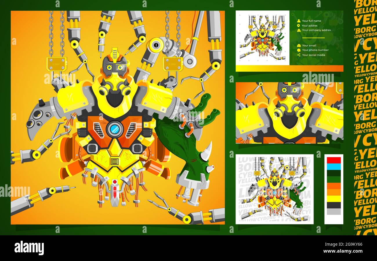 Cyborg Mascot Concept, Vector Illustration with business card, sticker ...
