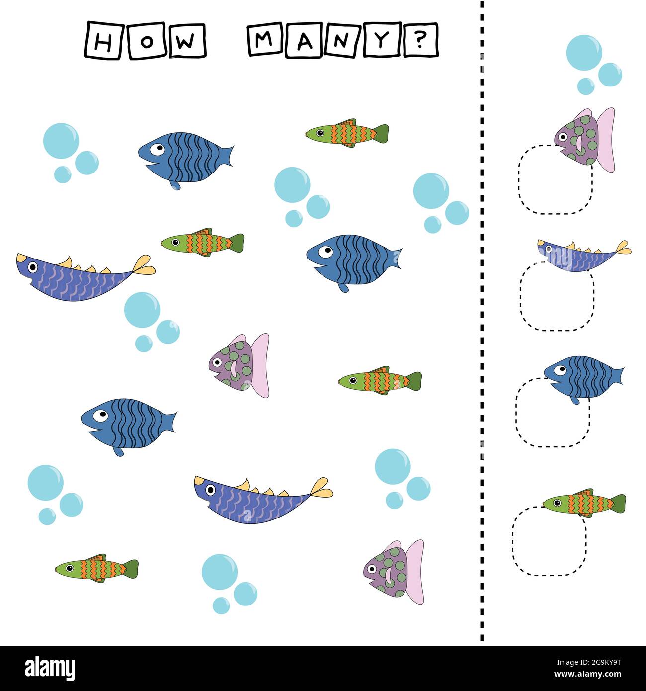 Developing activities for children, count as many colorful cute fishes ...