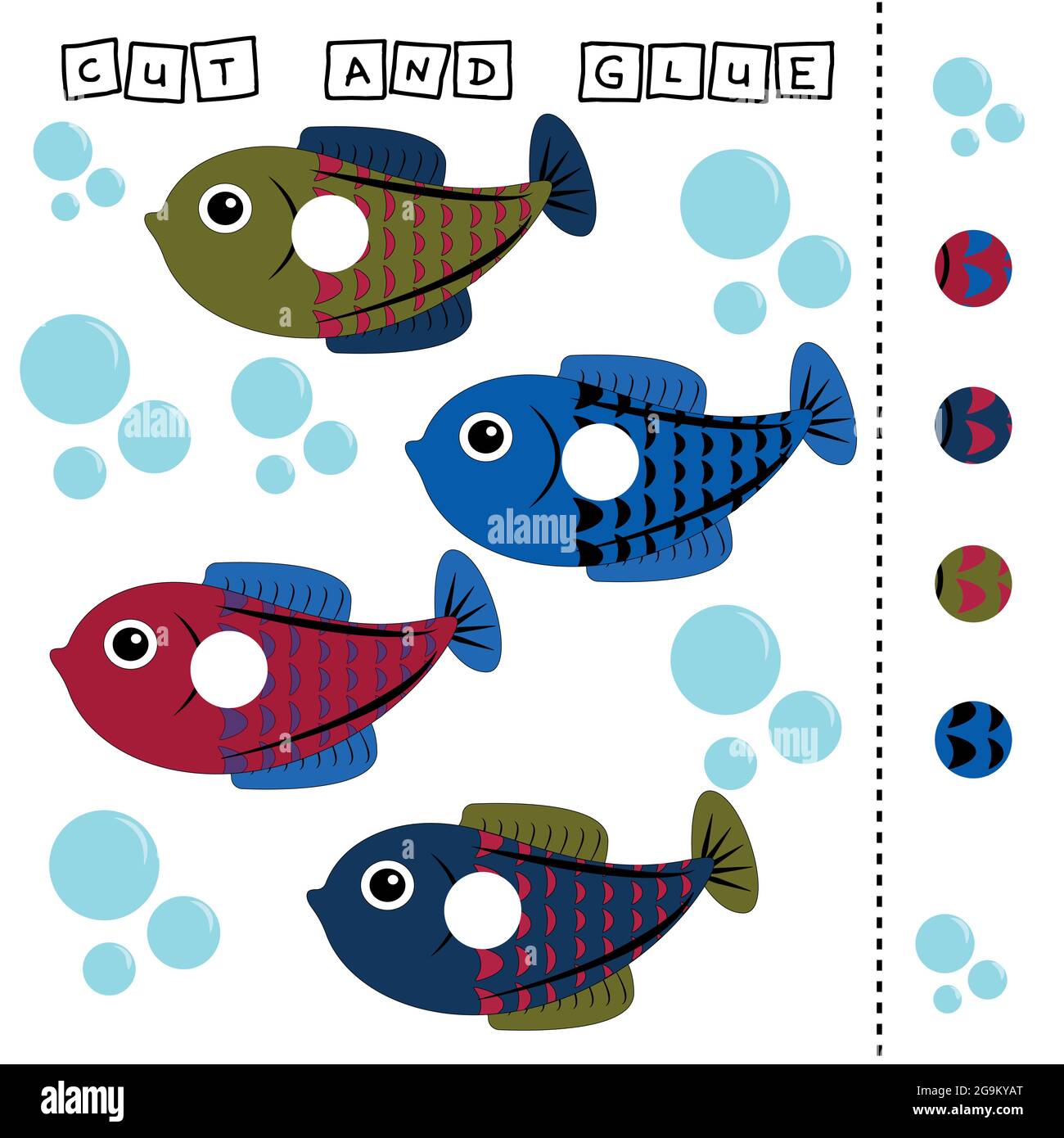 Fishes worksheet vector design, the task is to cut and glue a piece on ...