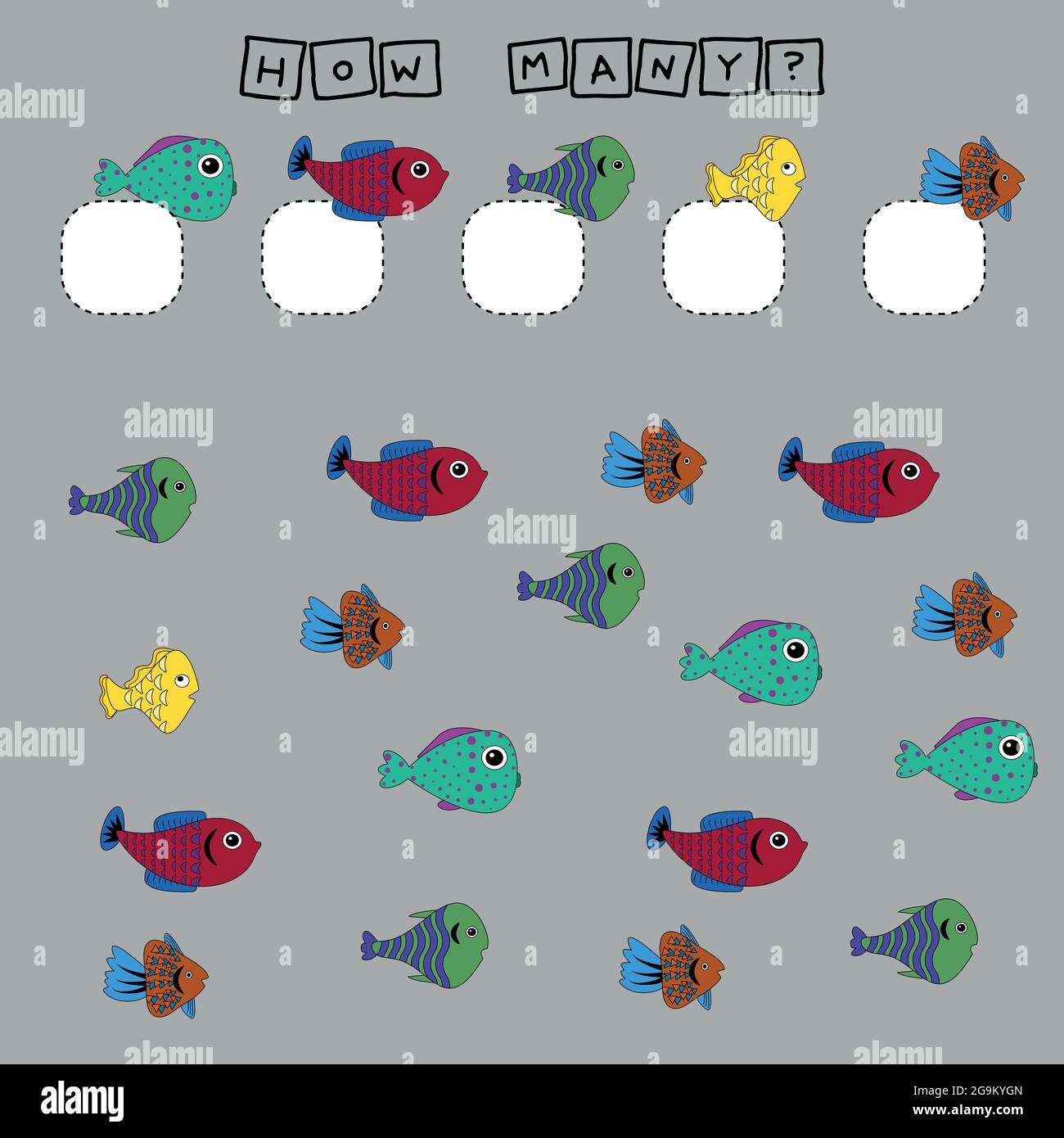 Developing activities for children, count as many colorful cute fishes ...