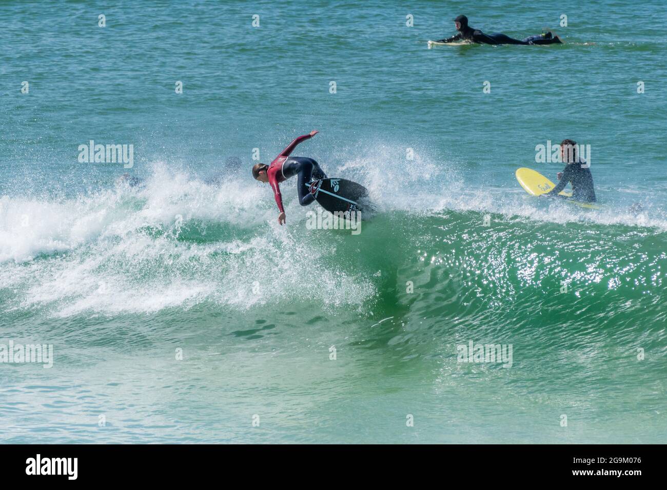 Spectacular surfing action at Fistral in Newquay in Cornwall Stock ...