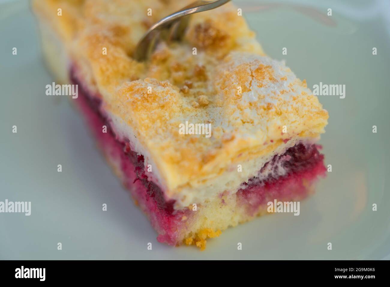 High angle closeup of a fork poking a delicious German kuchen cake with ...