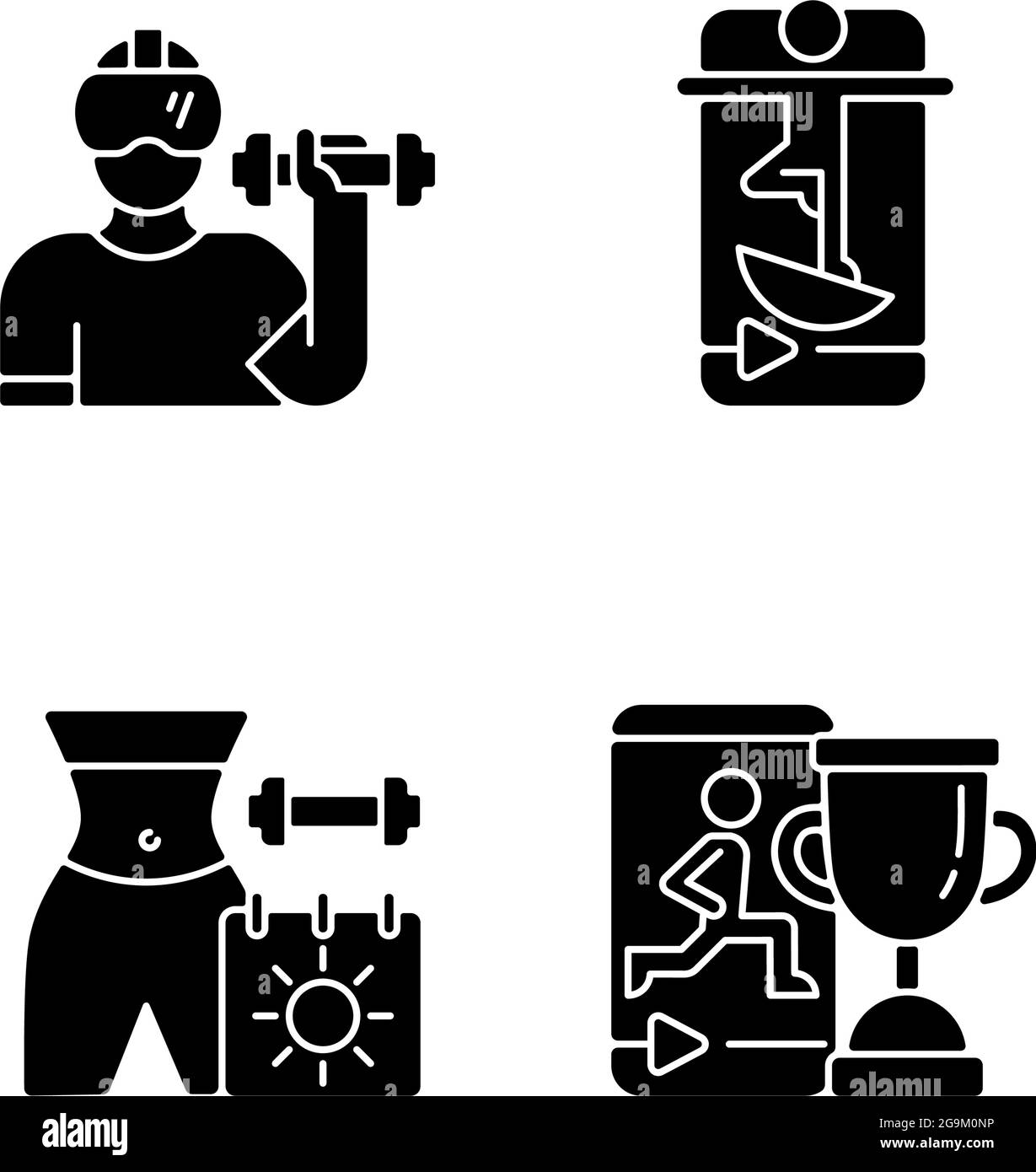 Online fitness marathons and challenges black glyph icons set on white ...