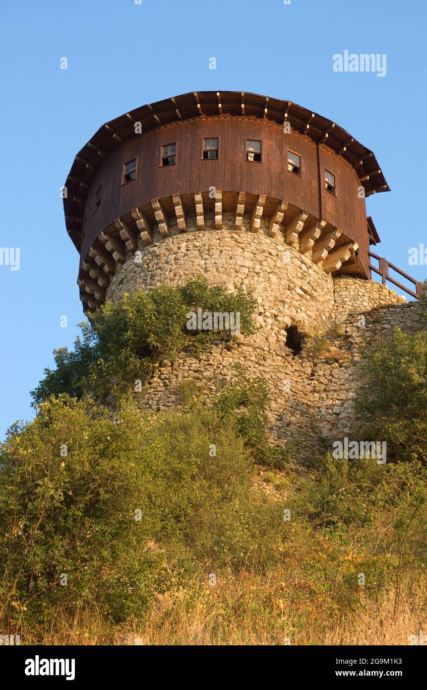 circular tower with wooden structure of Petrele Castle, Tirana ...