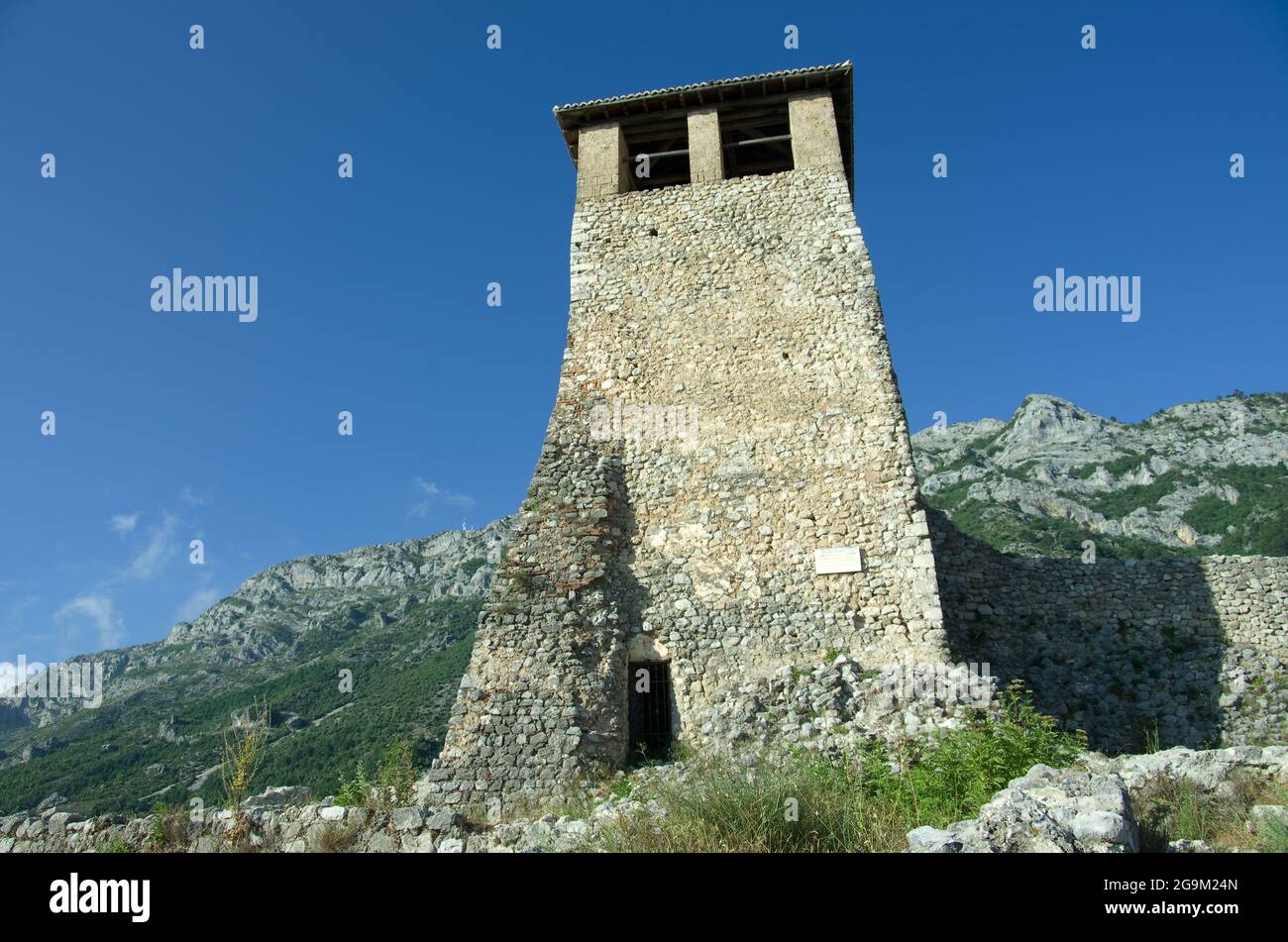 the Clock Tower of Skanderbeg Castle in Kruja, town-symbol of albanian ...