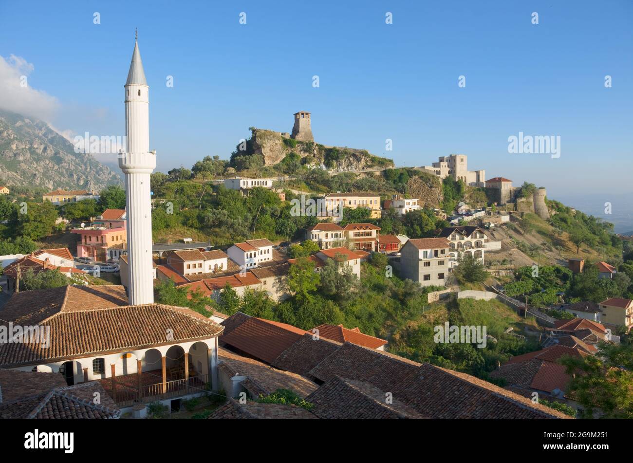 view of the minaret of the Kruja village and the Clock Tower and ...