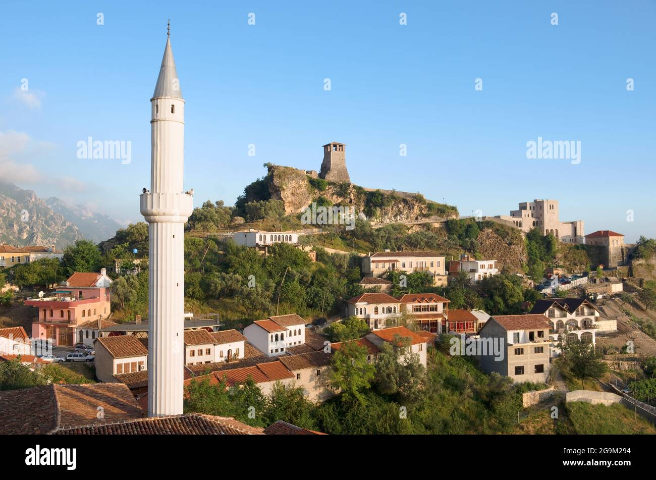 view of the minaret of the Kruja village, the Clock Tower and National ...