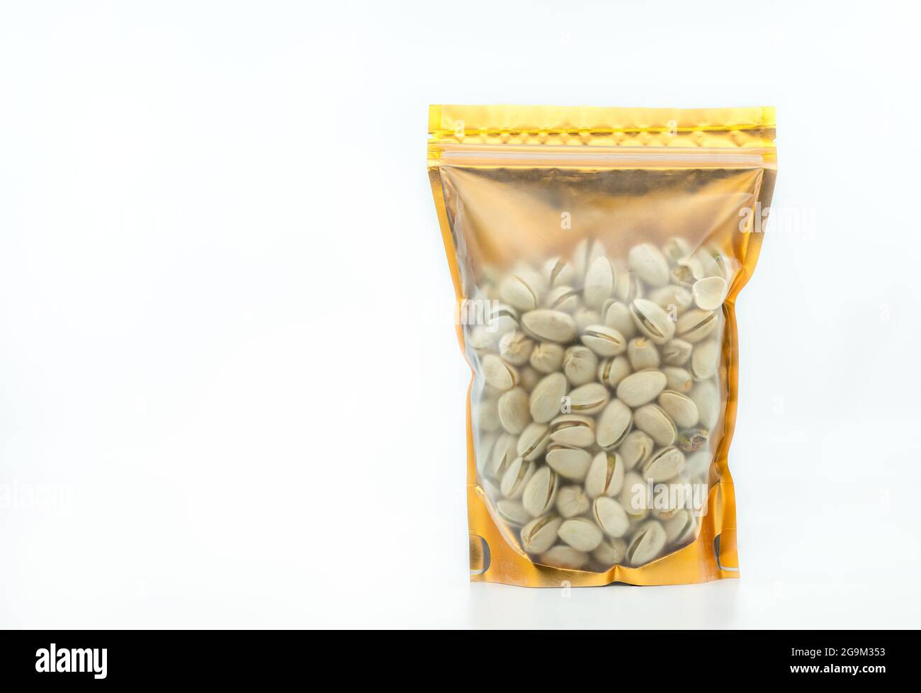 Pistachio nuts in window pouch packaging with uncleared plastic, zip ...