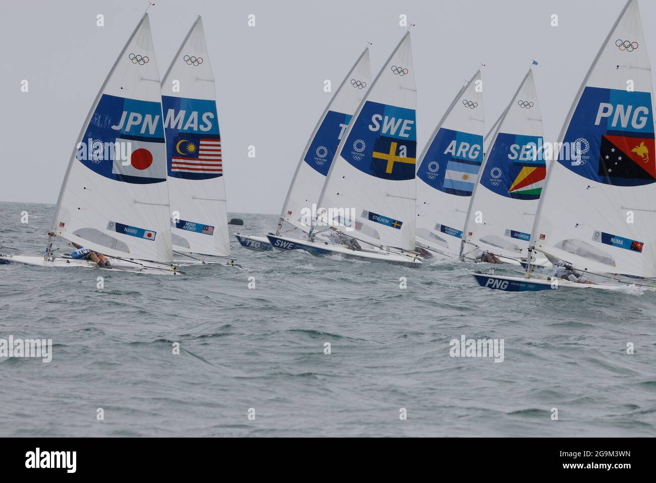 Kanagawa, Japan. 26th July, 2021. General view of start Sailing : Men's One Person Dinghy ...