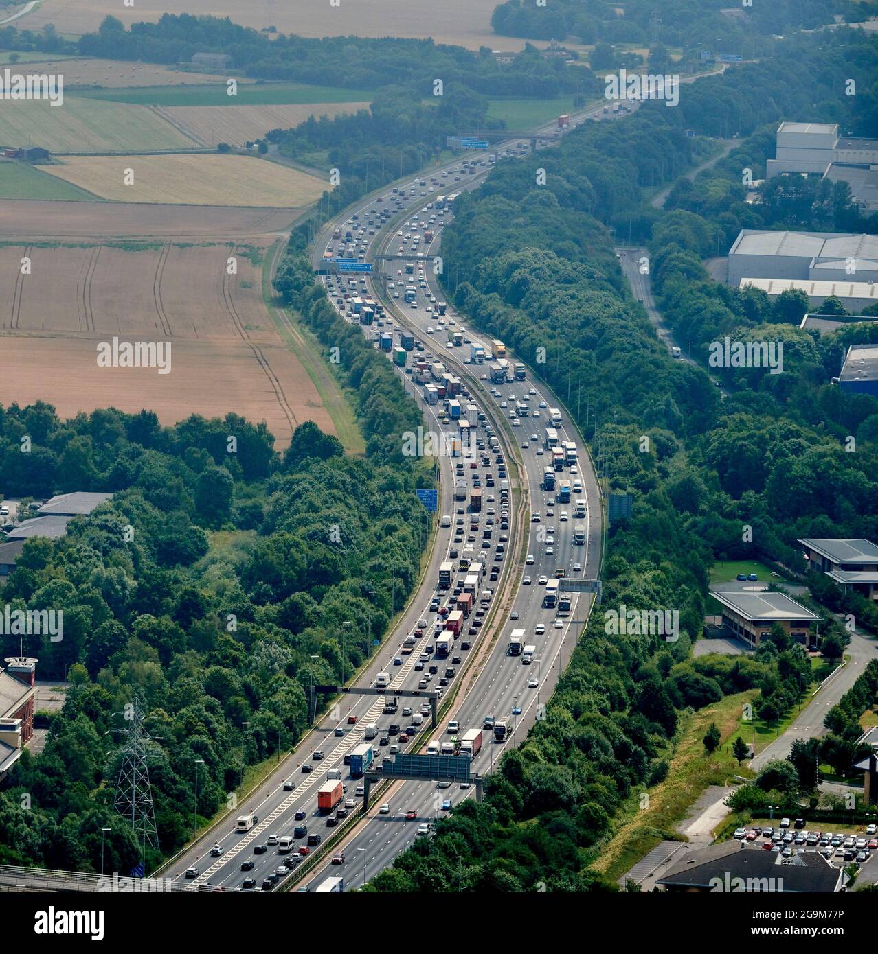 An aerial view of heavy Friday traffic on the M6 motorway at Warrington ...