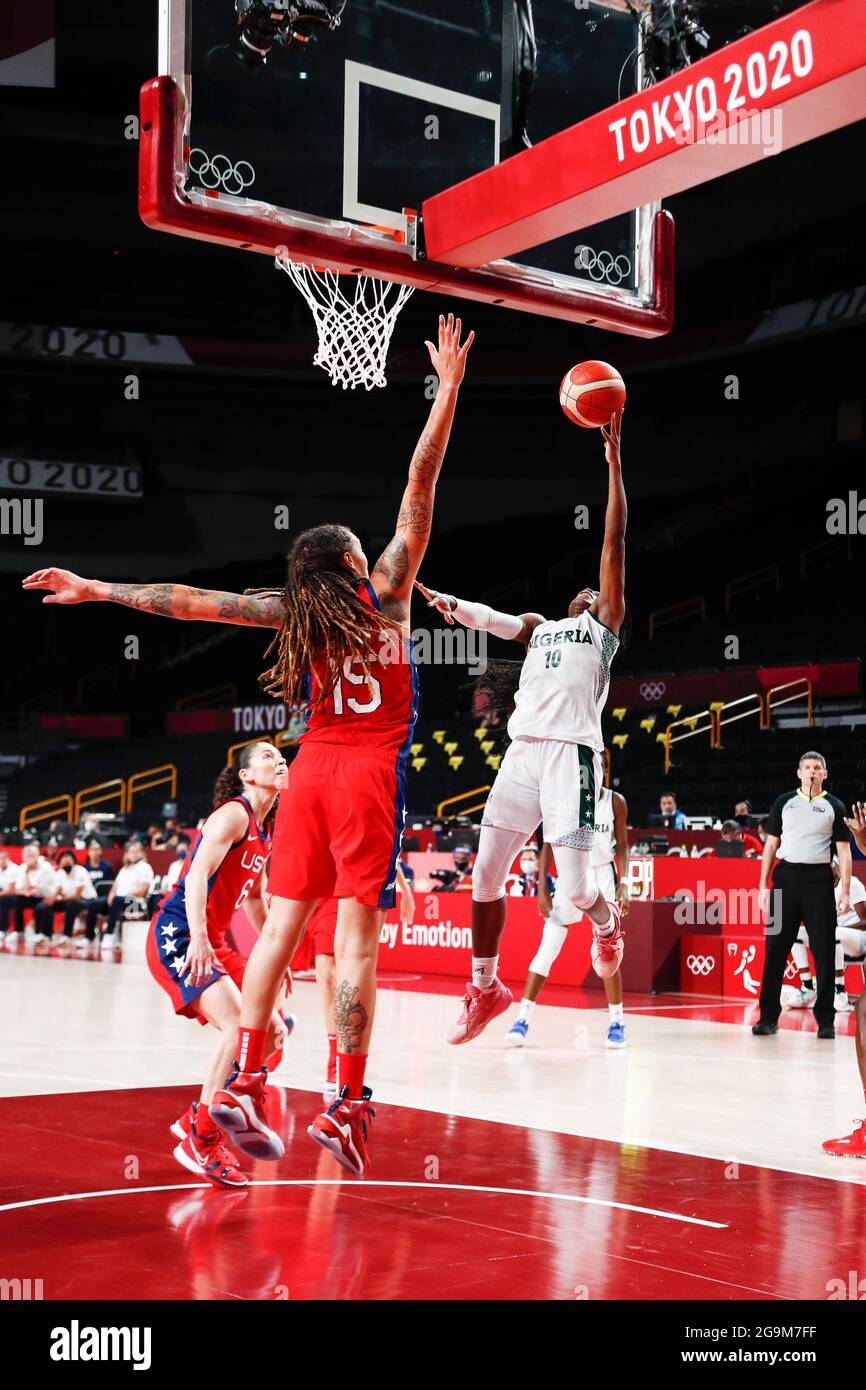 Saitama, Japan. 27th July, 2021. PROMISE AMUKAMARA (NGR) shoots over ...