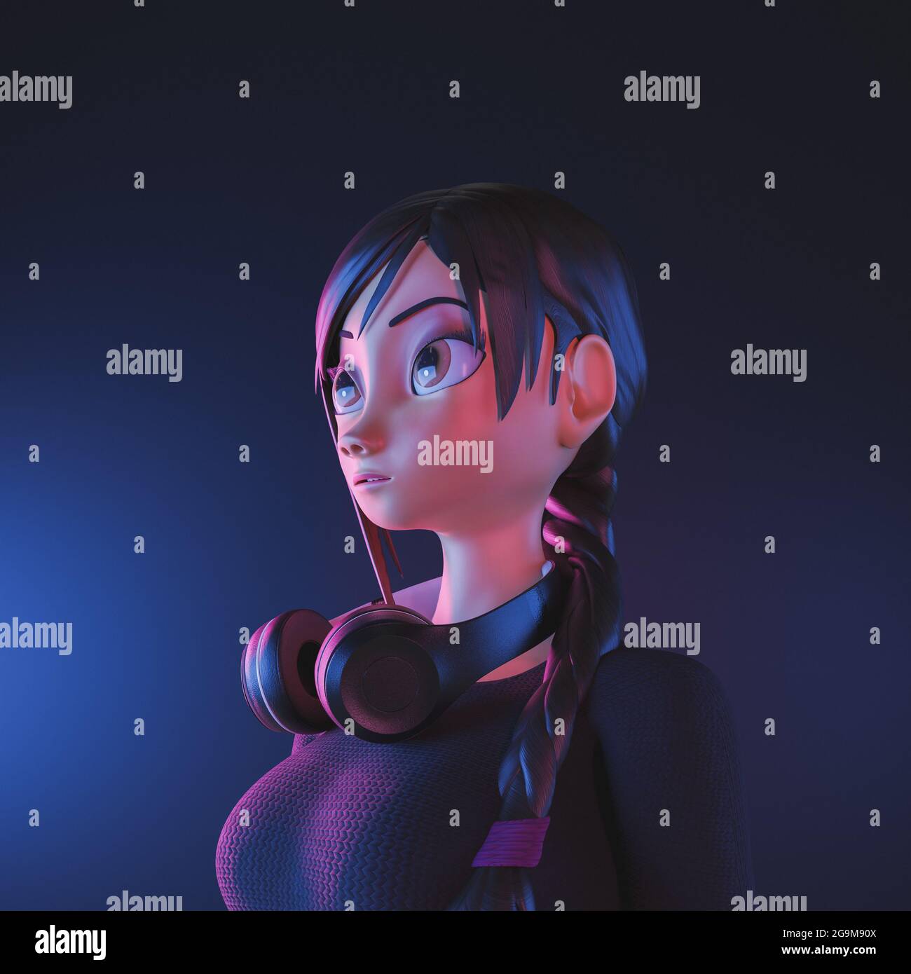 girl portrait with headphones and neon lighting. 3d render stylized ...