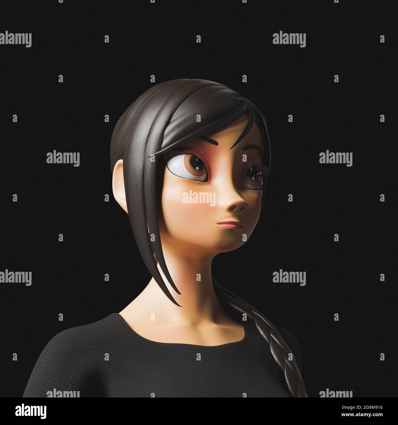 portrait of a girl with side lighting and dark background. 3d render ...