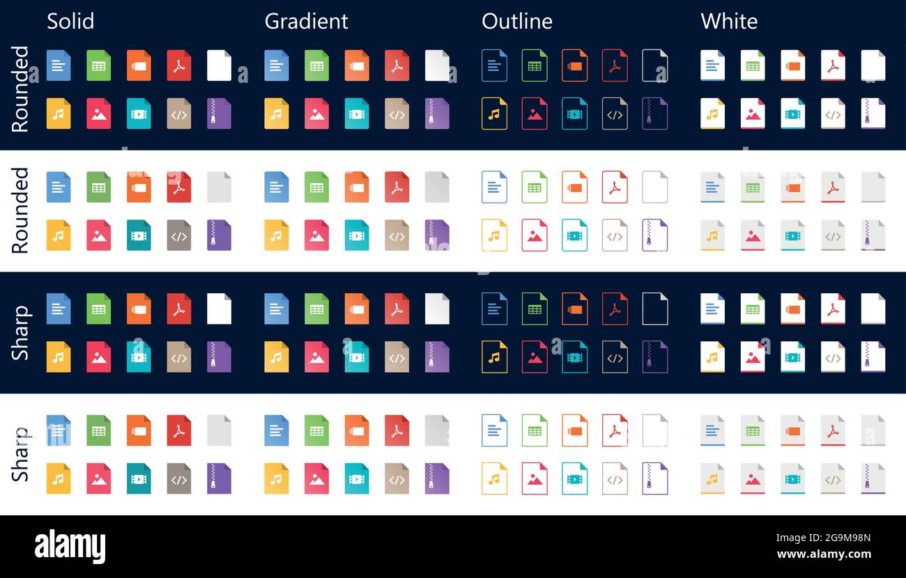 File types icon set - solid color, gradient, outline. Vector file ...