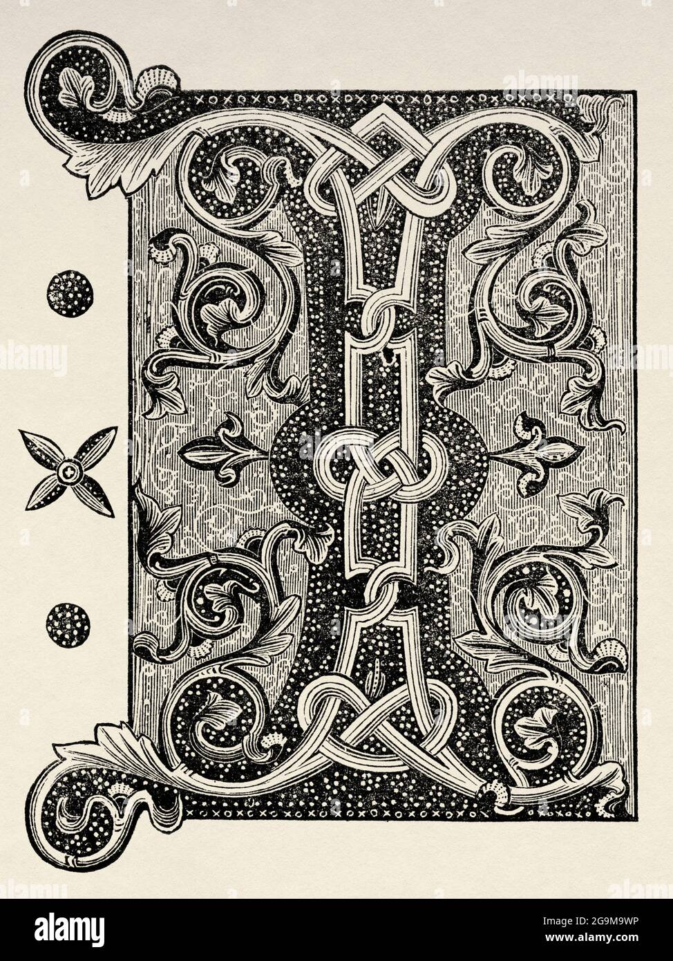 Luxurious Victorian initials letter I, 14th century bible. Old 19th ...