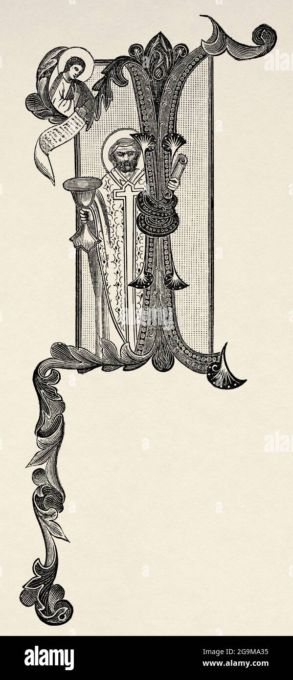 Initial capital letter I, 14th Century. Old 19th century engraved ...